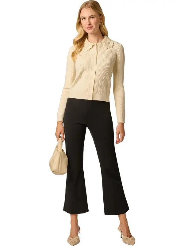 Adrianna Papell Cable Knit Crochet Peter Pan Collar Cardigan Sweater - Cream