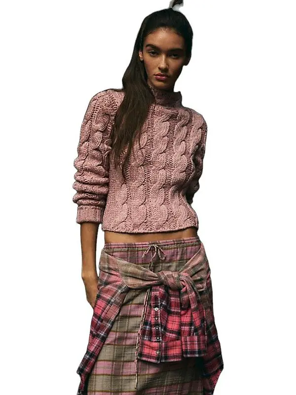 Free People Simone Cable Knit Pullover - Smoke Rose