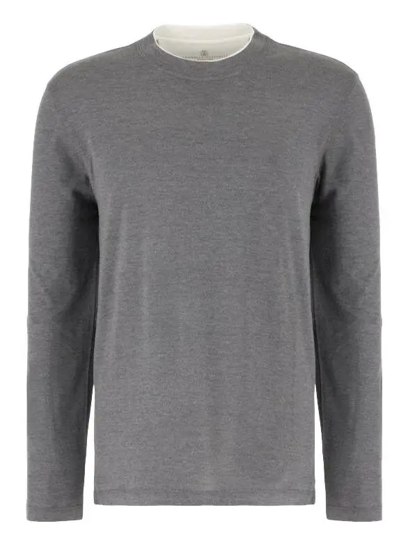 Brunello Cucinelli Silk And Cotton Lightweight Jersey Long Sleeve Crew Neck T-shirt With Contrast Detail - No