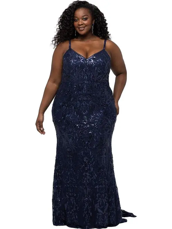 SYDNEY'S CLOSET Fitted Stretch Sequin Formal Dress - Navy