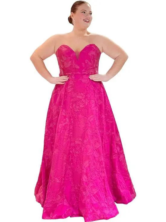 SYDNEY'S CLOSET Jacquard Curvy A-line Strapless Formal Dress - Fuchsia