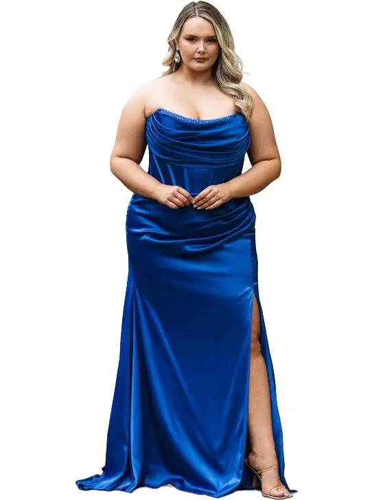 SYDNEY'S CLOSET Slim Satin Curvy Prom Dress With Corset Boning - Cobalt