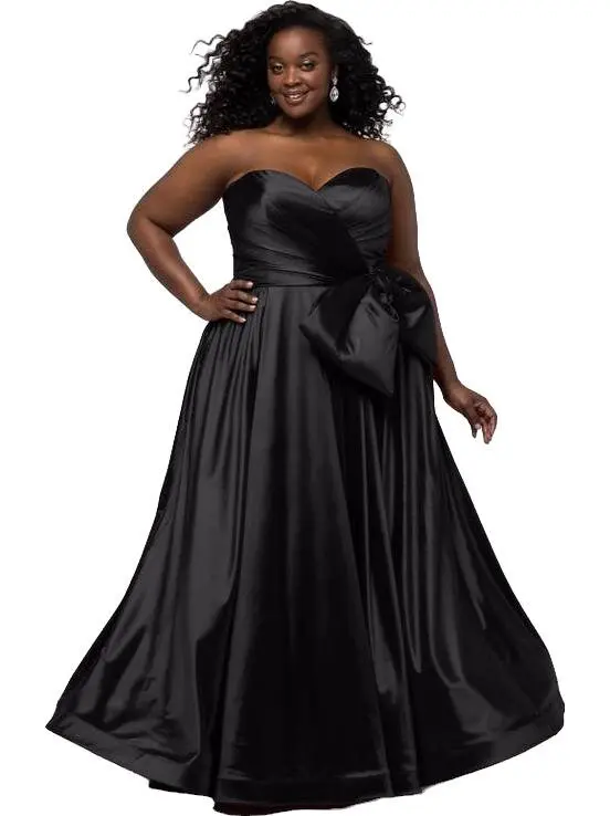 SYDNEY'S CLOSET Satin A-line Curvy Formal Dress With Detachable Bow - Black