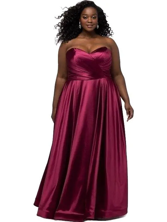 SYDNEY'S CLOSET Satin A-line Curvy Formal Dress With Detachable Bow - Wine