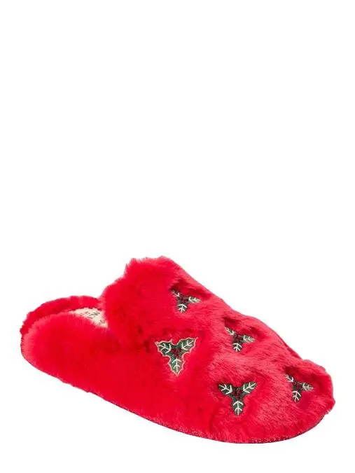 DEARFOAMS Holiday Fur Shaped Tab Scuff Slippers - Cayenne