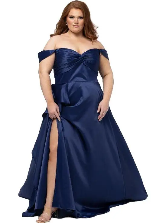 SYDNEY'S CLOSET Simple Satin A-line Dress With Slit - Navy