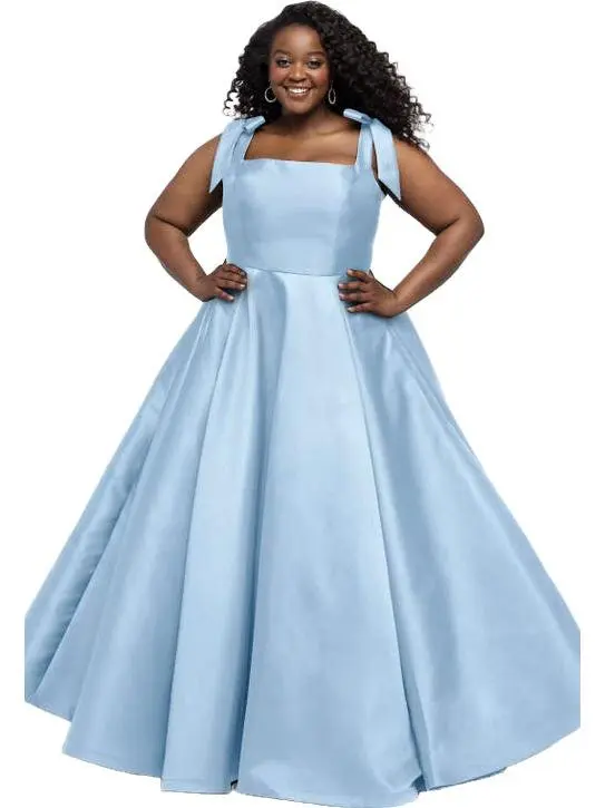 SYDNEY'S CLOSET Satin A-line Formal Gown With Bows - Light Blue