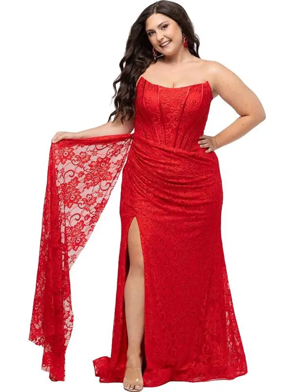 SYDNEY'S CLOSET Stretch Lace Slim Formal Dress - Ruby