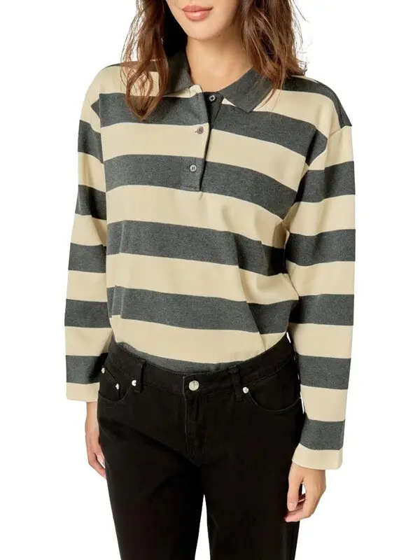 English Factory Striped Ribbed Cotton Blend Polo Shirt - Grey/cream