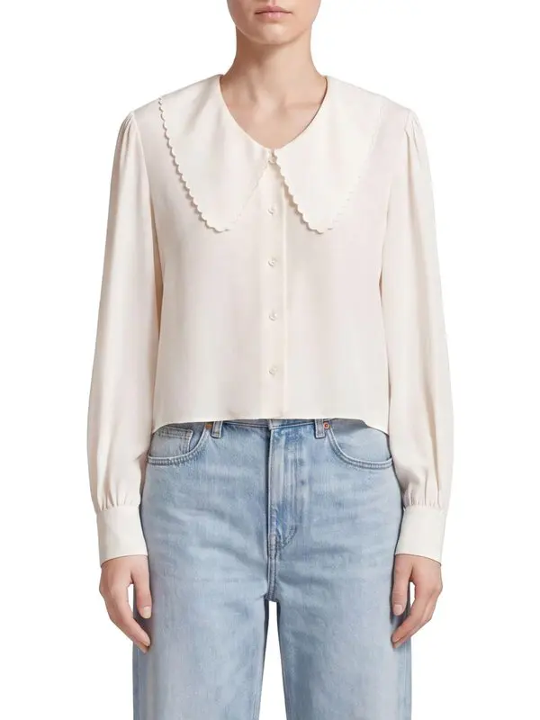 Chloé Pure Silk Sailor Collar Shirt With Gathered Shoulders - White