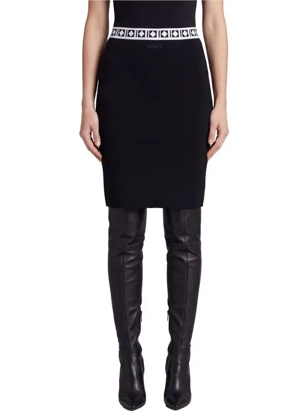 Versace Slim Fit High-waisted Geometric Pencil Midi Skirt - Black