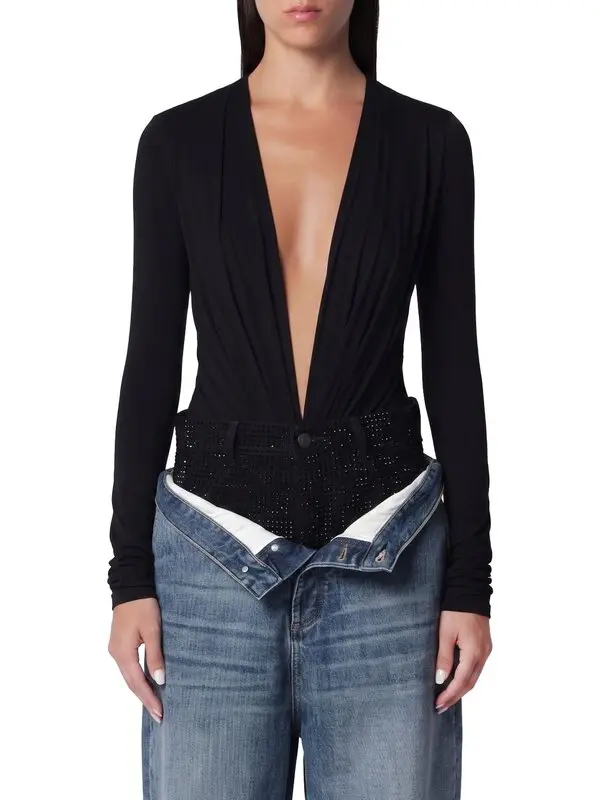 Andamane Deep V-neck Stretch-viscose Bodysuit With Long Sleeves - Black