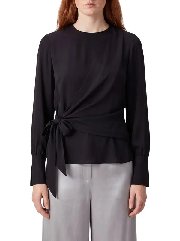 Federica Tosi Draped Viscose Blouse With Tie-waist Belt And Long Sleeves - Black