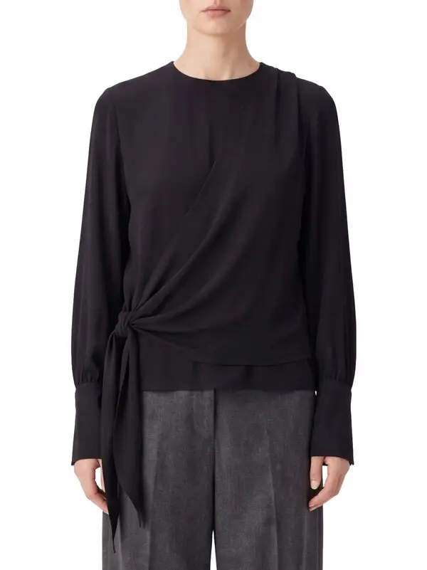 Federica Tosi Draped Viscose Blouse With Tie-waist Belt And Long Sleeves - Black