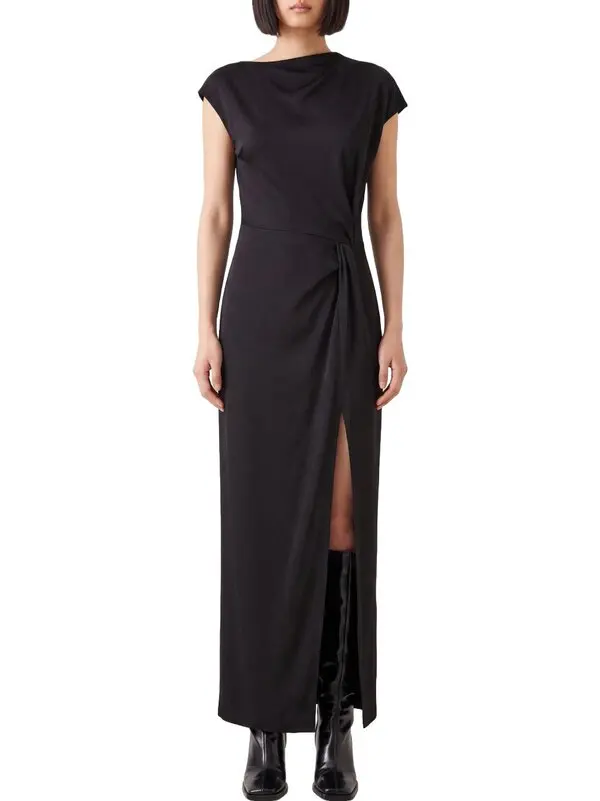 Federica Tosi Draped Asymmetric Satin Midi Evening Dress - Black