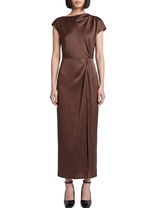 Federica Tosi Draped Asymmetric Satin Midi Evening Dress - Brown