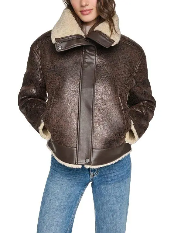 Andrew Marc Ellery Faux Leather & Faux Shearling Aviator Jacket - Brown