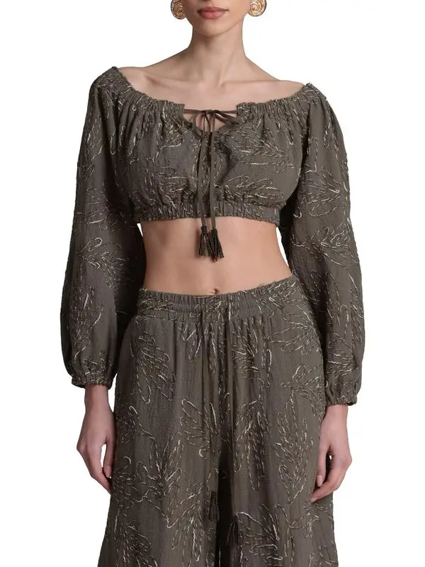 Avec Les Filles Embroidered Puff Sleeve Crop Top - Olive