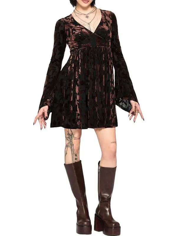 DISTURBIA Dakota Flare Sleeve Mini Dress - Brown