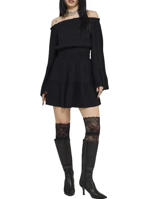 DISTURBIA Amarantha Crinkle Bardot Mini Dress - Black