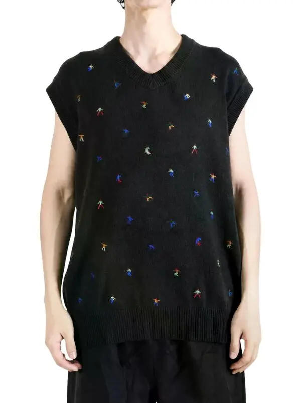 VOWELS Embroidered V-neck Vest - Black