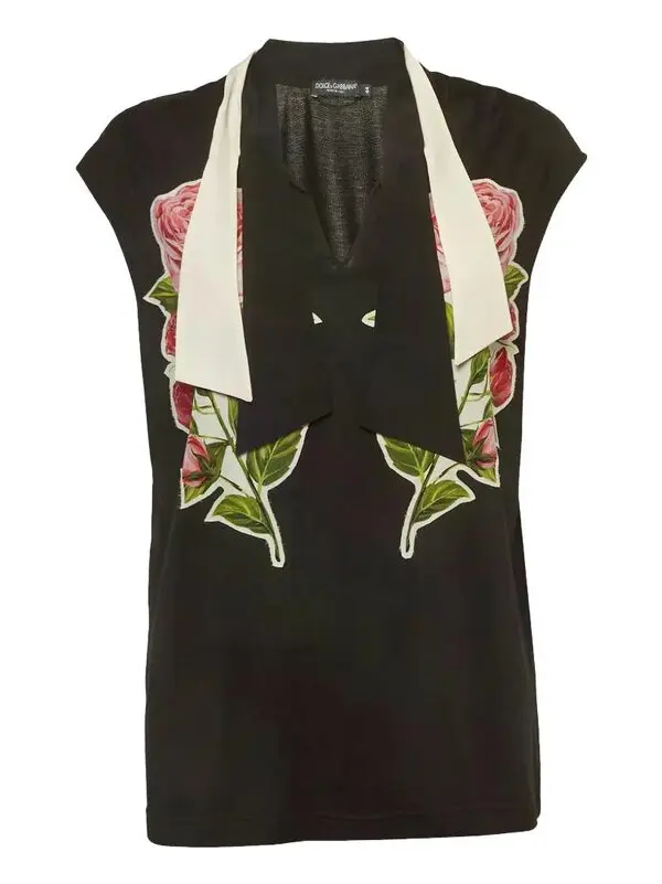 Dolce & Gabbana Rose Appliqué Tie-collar Top - Black