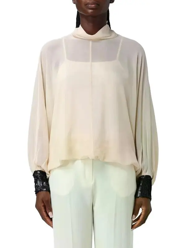 HANITA Sequin-cuff High-neck Top - Neutrals