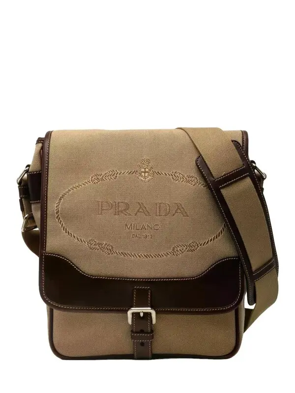 Prada 2010-2026 Leather Trimmed Canvas Canapa Logo Buckle Messenger Bag Crossbody Bag - Neutrals