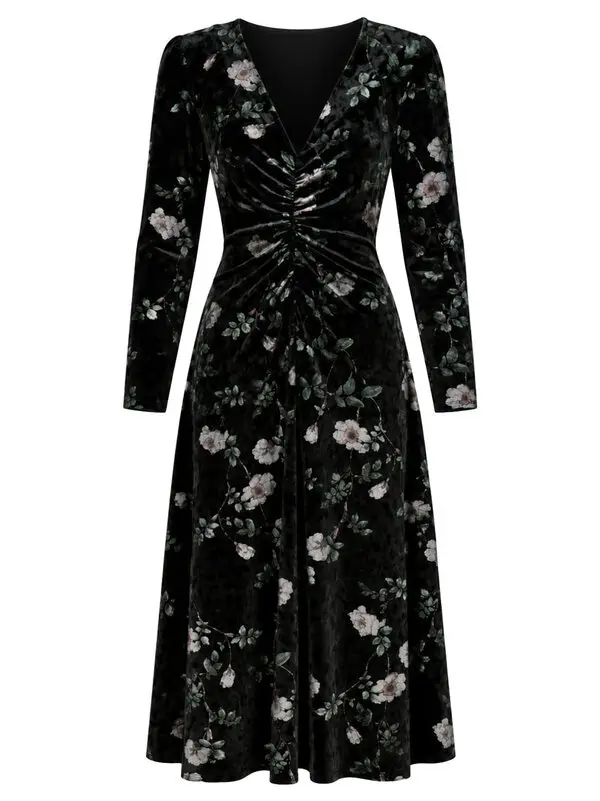 TRAFFIC PEOPLE Swan Song Metallic Floral Long Sleeve Blain Midi Dress - Black