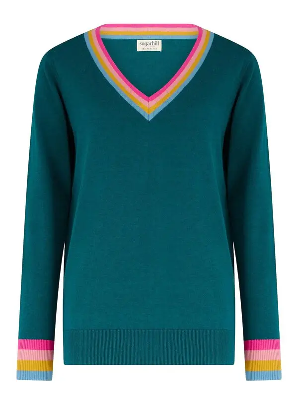 SUGARHILL BRIGHTON Doris V-neck Sweater Teal Rainbow Stripe - Blue