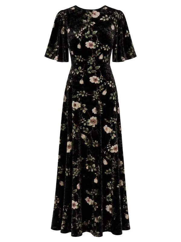 TRAFFIC PEOPLE Swan Song Metallic Floral Velvet Rene Maxi Dress - Black