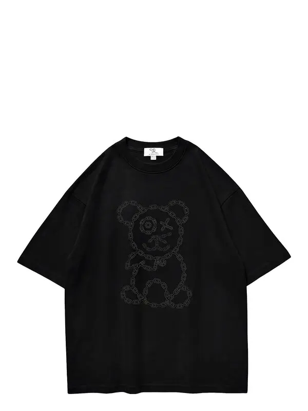 X ILONA BLUE Black / Grey Universal Fit Graffiti Baby Bear Black Organic Cotton Charcoal Chain Link Embroidery Tee - Black/grey