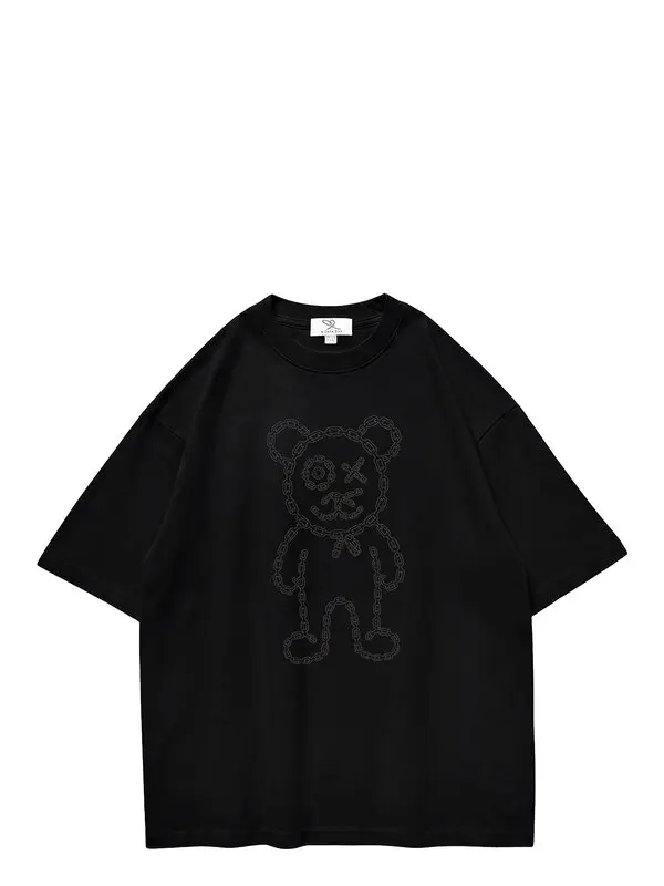 X ILONA BLUE Black / Grey Graffiti Daddy Bear Black Organic Cotton Charcoal Chain Link Embroidery Tee - Black/grey