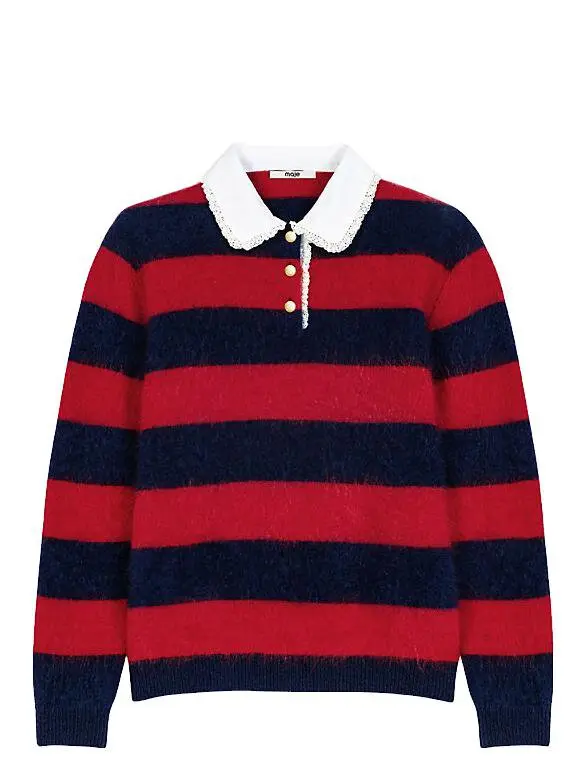 Maje Poplin-collar Striped Wool And Cashmere Jumper - Navy/red