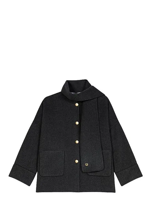 Maje Scarf-detail Boxy-fit Wool-blend Coat - Grey