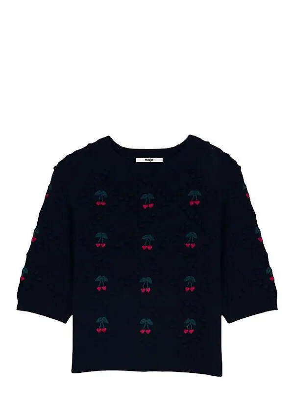 Maje Cherry-embroidered Bobble-knit Wool Jumper - Navy