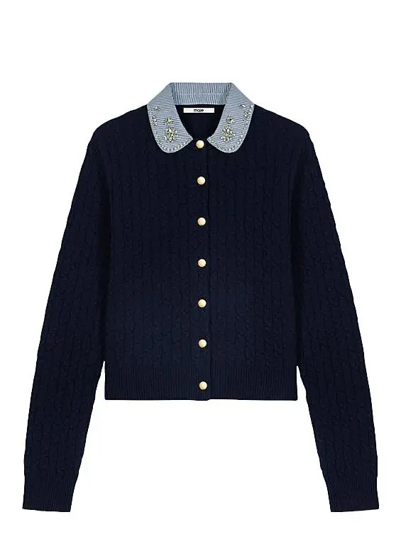 Maje Beaded-collar Button-down Wool And Cashmere Cardigan - Navy