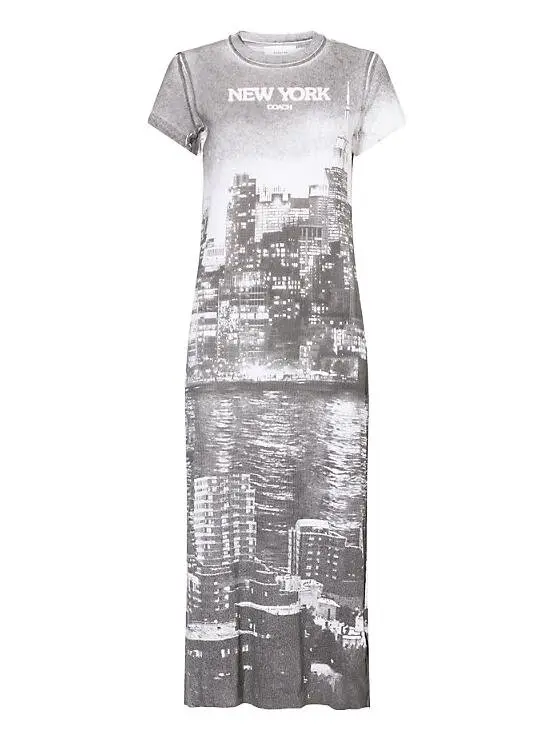 COACH Postcard Graphic Cotton T-shirt Dress - Grey Multi.