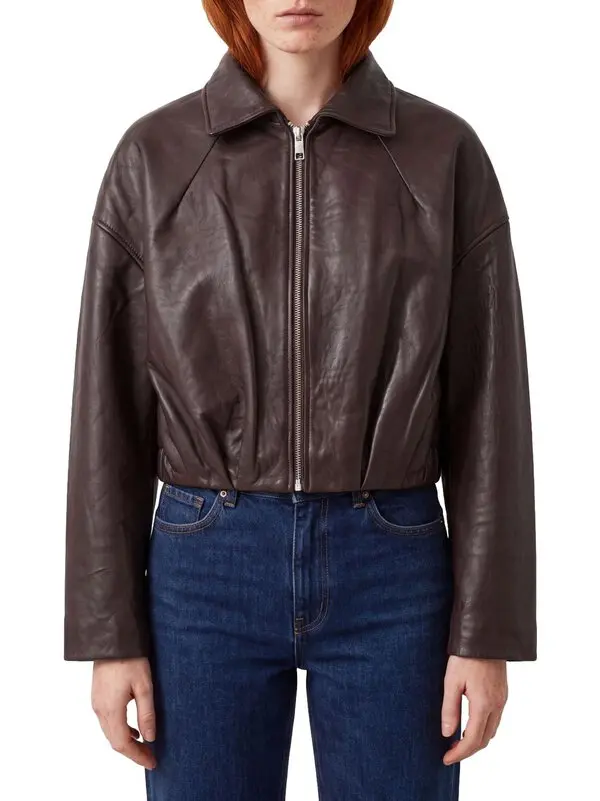 ROTATE BY BIRGER CHRISTENSEN Relaxed Fit Cropped Lambskin Leather Jacket With Zip Closure - Brown