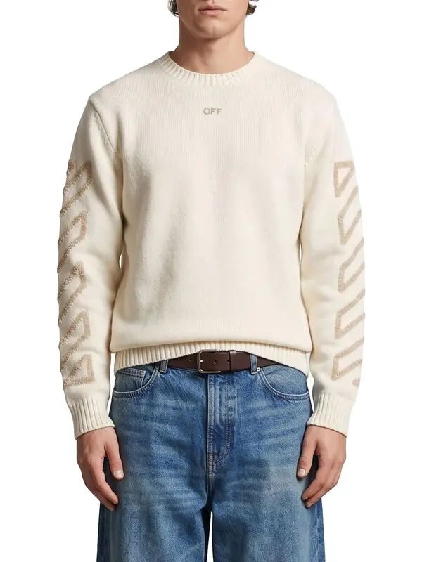 Off-White Wool Blend Crewneck Jumper With Arrow Logo And Diag Motif - Cream