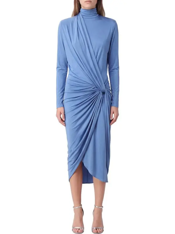Balmain Asymmetric Draped High-neck Midi Dress In Jersey - Navy