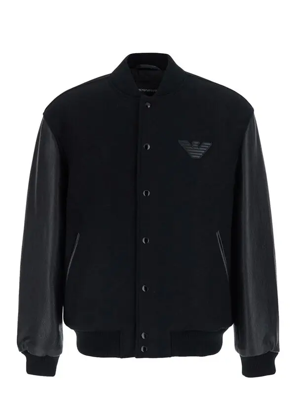 Emporio Armani College-style Wool And Leather Bomber Jacket With Eagle Logo - Black