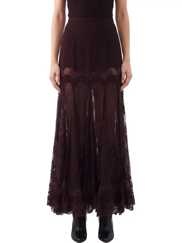 Zimmermann High-waisted Silk Crêpe Long Skirt With Lace Inserts - Brown