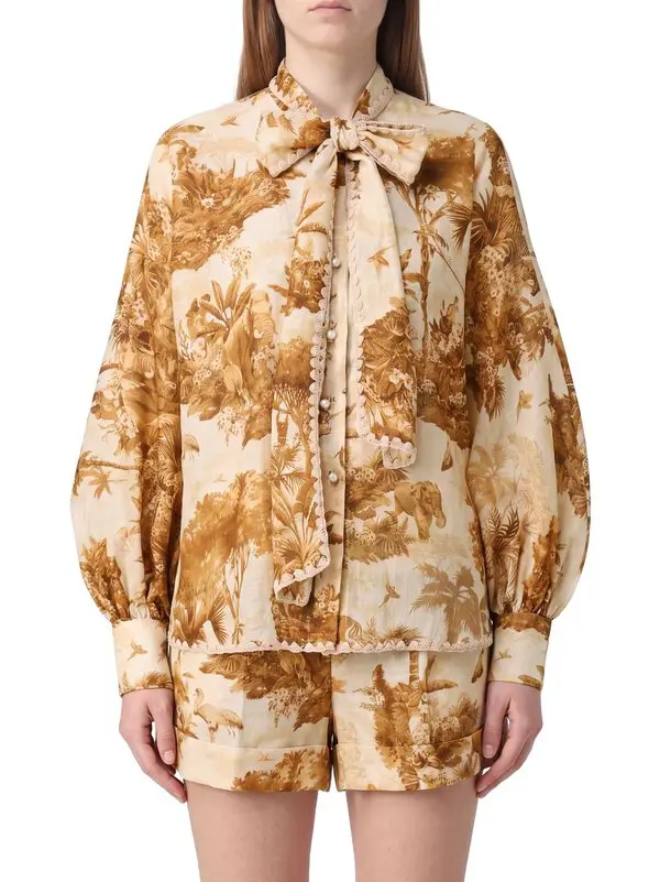 Zimmermann Printed Ramie Blouse With Balloon Sleeves And Pussy-bow Collar - Beige