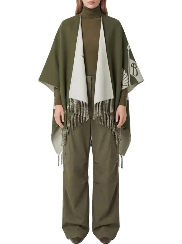 Burberry Asymmetric Wool And Cashmere Cape With Fringes And Logo - Green