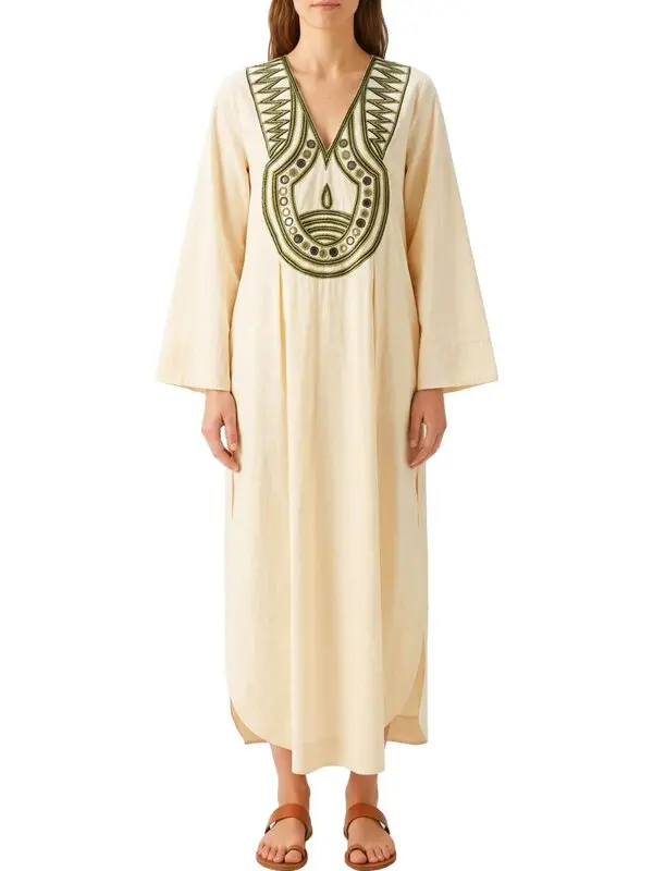 La DoubleJ Twin Flame Embroidered Cotton Midi Tunic With Kimono Sleeves - Ivory