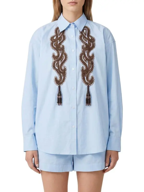 La DoubleJ Embroidered Cotton Shirt With Beads And Decorative Tassels - Blue