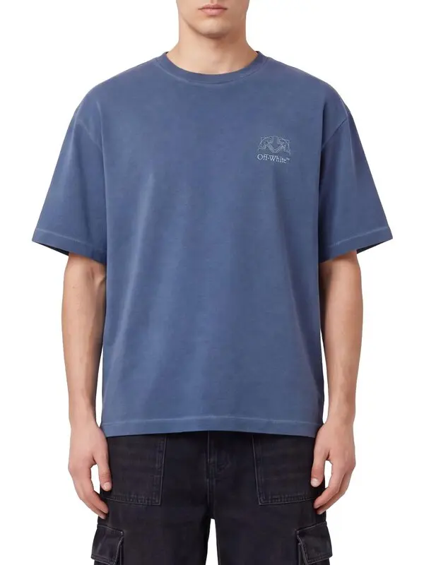 Off-White Cotton T-shirt With Arrow Logo Print And Dropped Shoulders - Blue