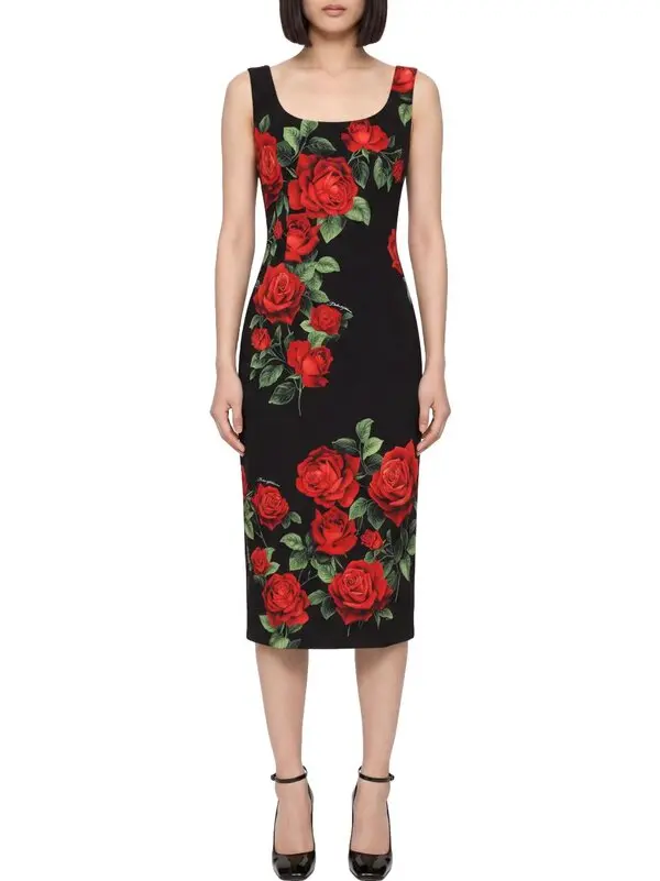 Dolce & Gabbana Floral Silk Off-the-shoulder Midi Sheath Dress - Black