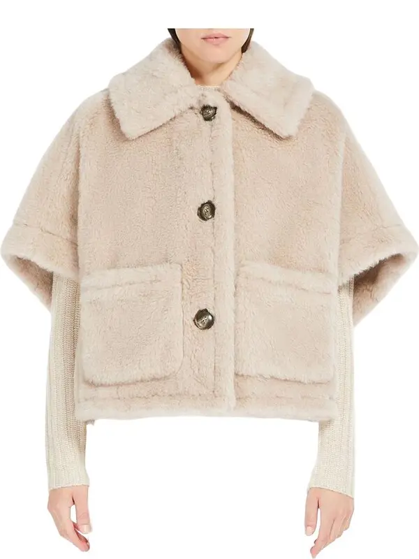 Max Mara Alpaca And Wool Teddy Jacket On Silk Base With Kimono Sleeves - Beige